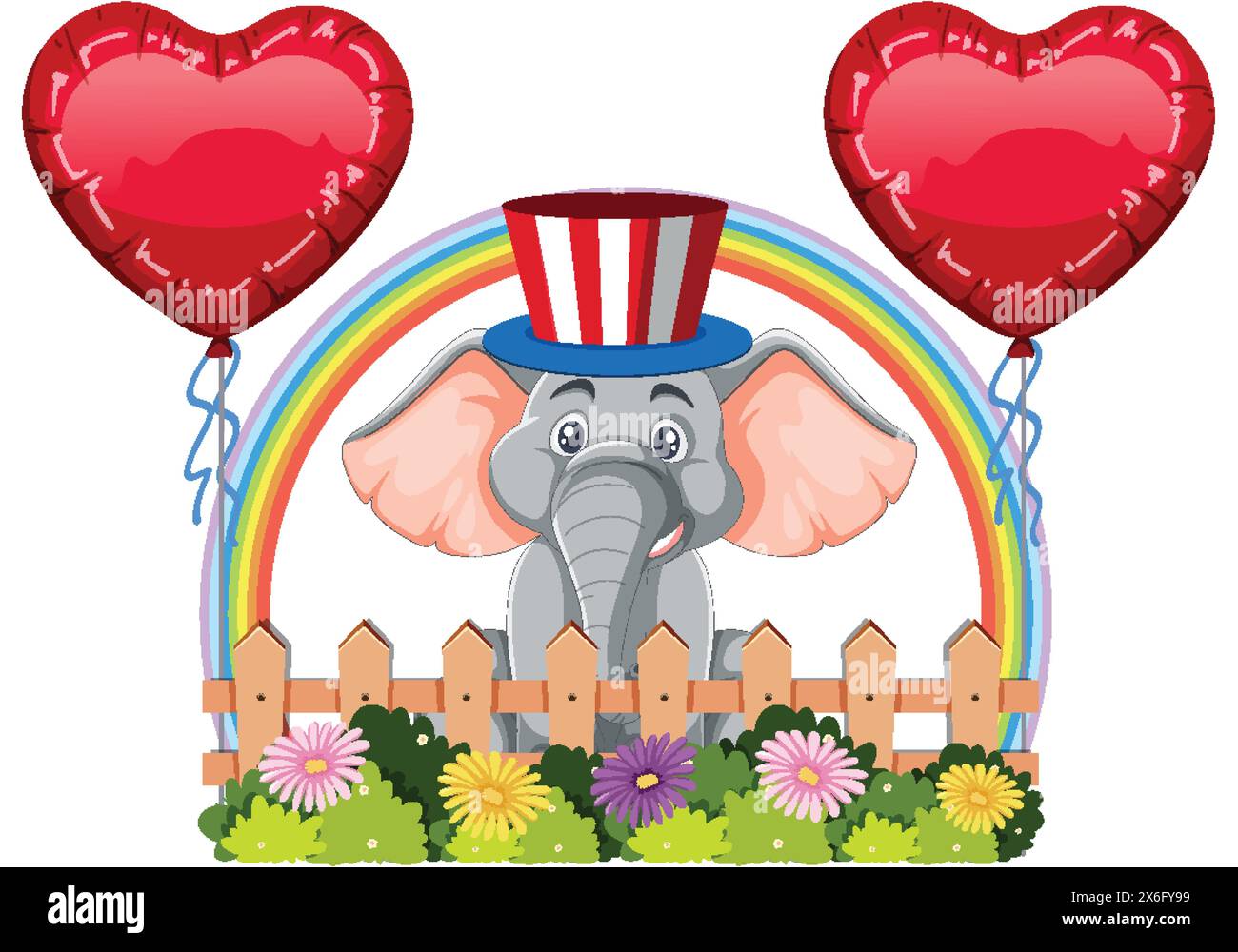 Cartoon elephant, heart balloons, and colorful rainbow Stock Vector ...