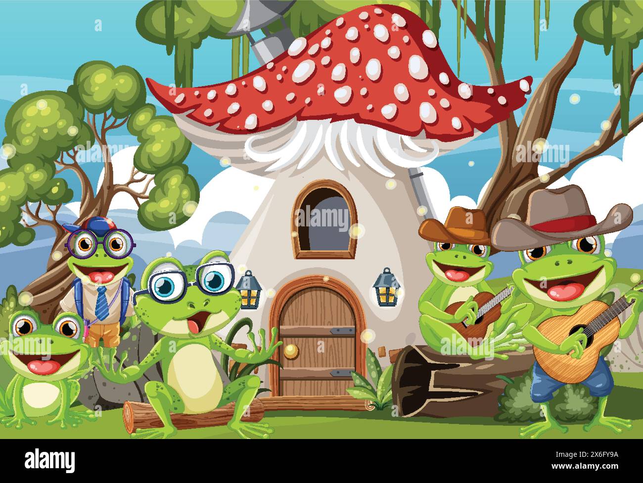 Cartoon frogs playing music and enjoying outdoors Stock Vector Image ...