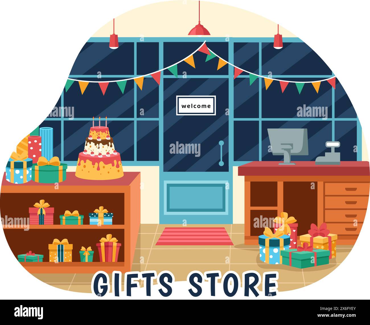 Gifts Store Vector Illustration of Wrapped Gift Box with Ribbon and ...