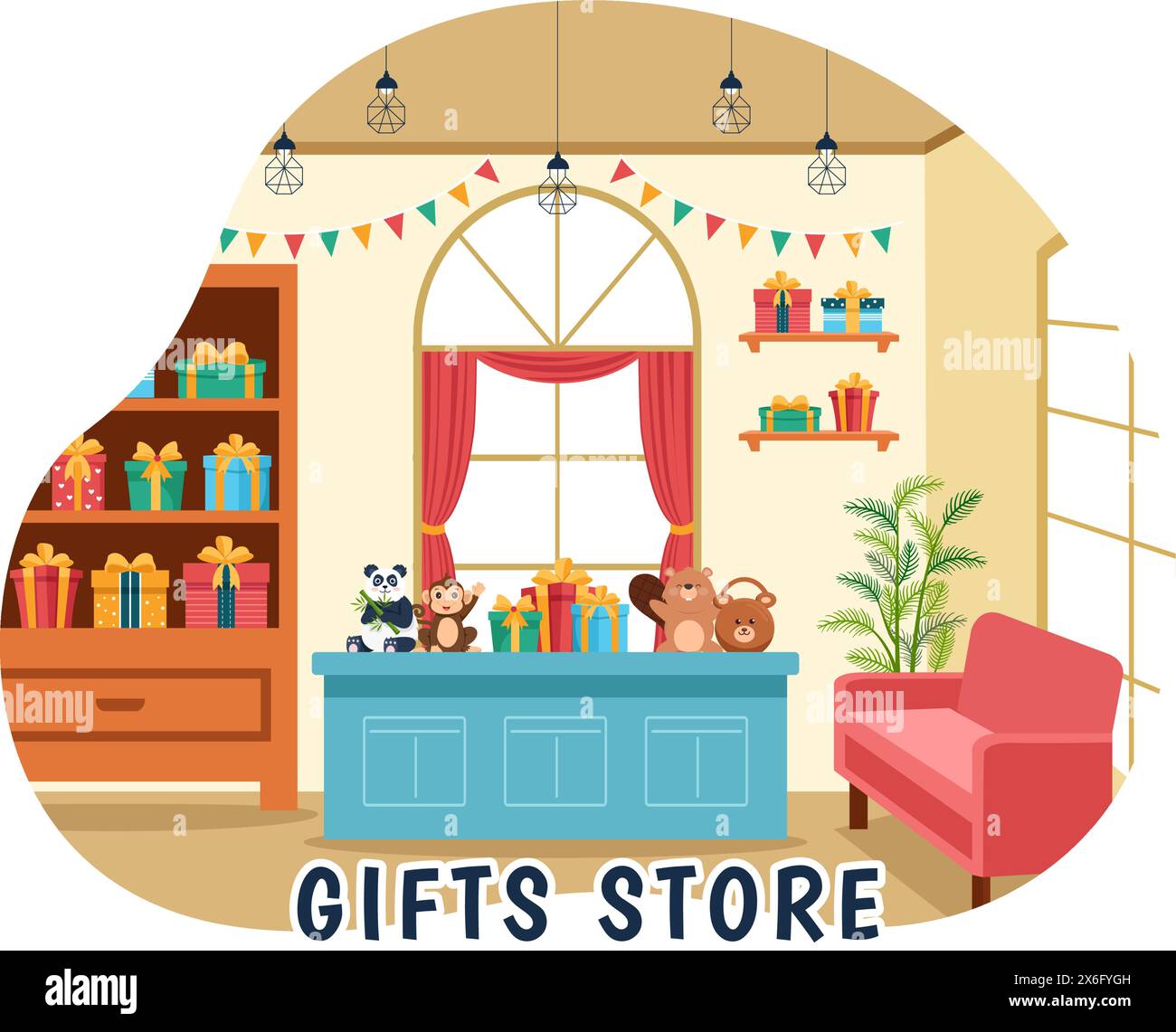 Gifts Store Vector Illustration of Wrapped Gift Box with Ribbon and ...
