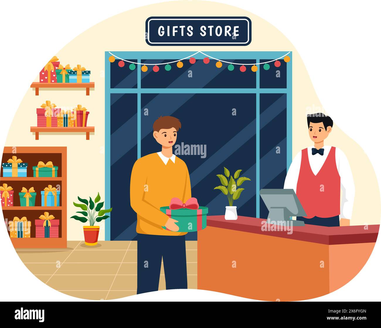 Gifts Store Vector Illustration of Wrapped Gift Box with Ribbon and ...