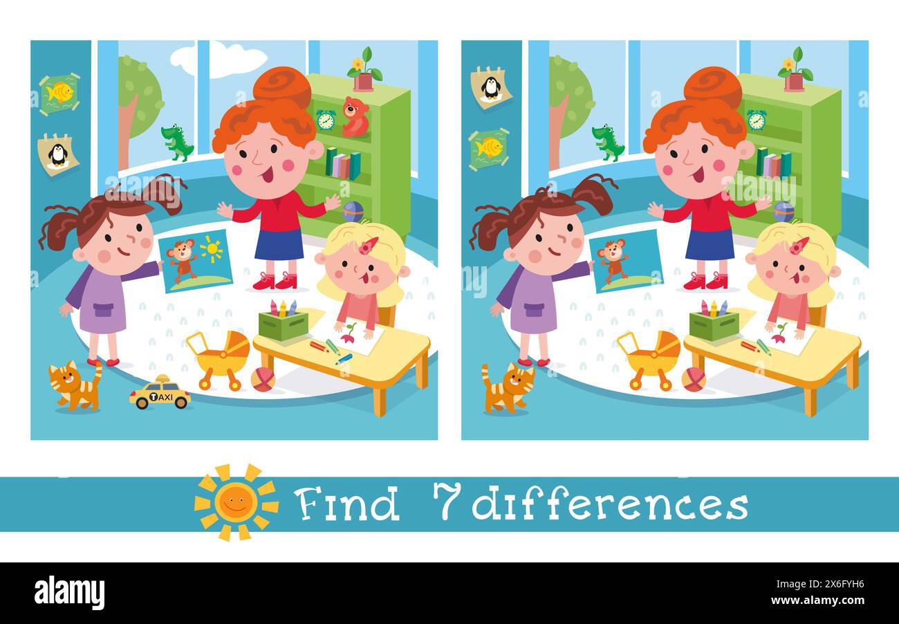 Find 7 differences. Game for children. Cute girls in kindergarten ...