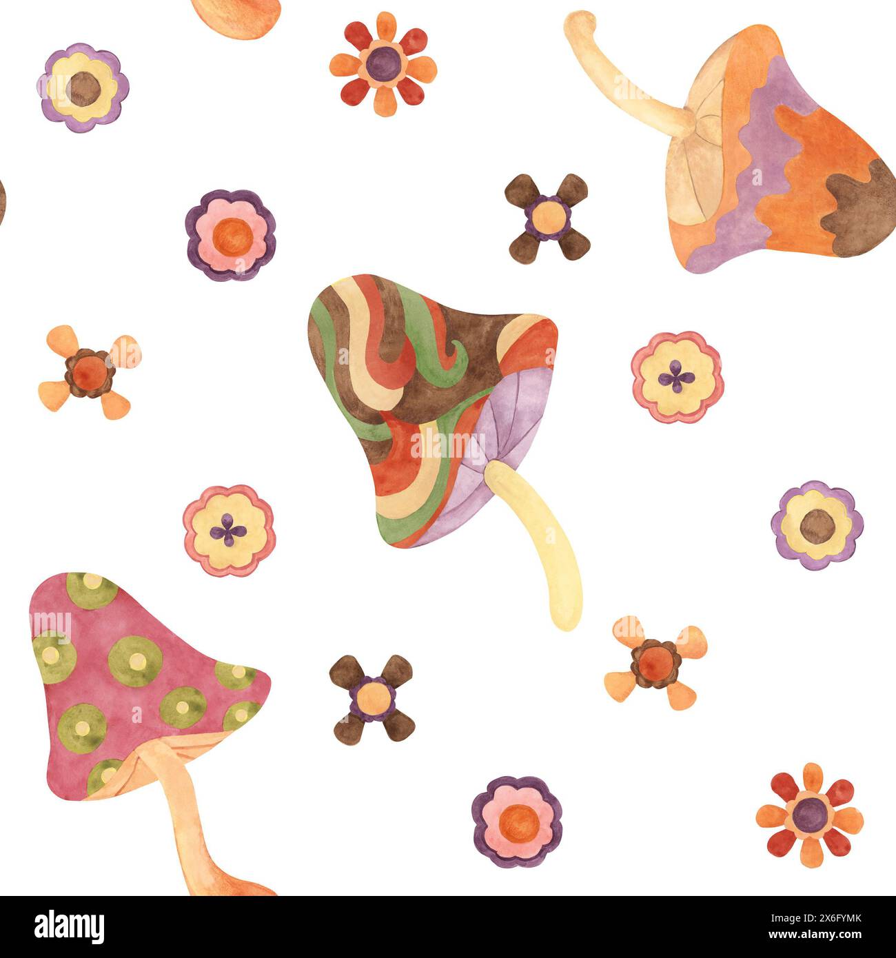 Retro groovy seamless pattern with mushrooms and flowers in watercolor ...