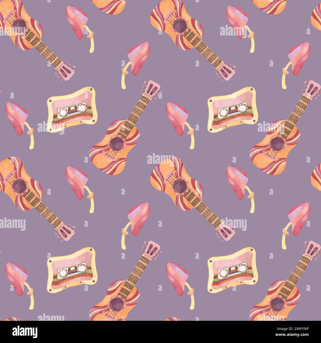 Seamless pattern with retro guitar, tape and mushrooms in watercolor ...