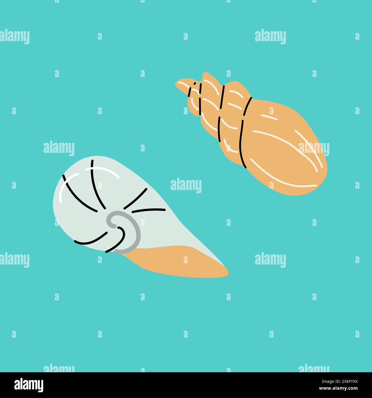 Set of seashells on blue background. Flat cartoon illustration. Summer ...