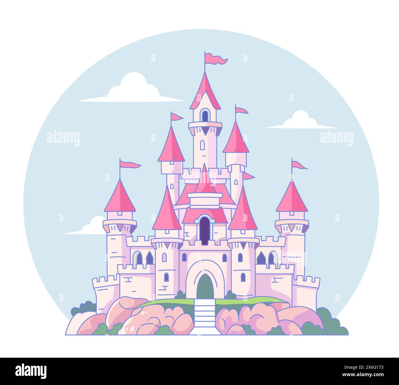 Vector illustration for children with fairy pink castle. Medieval ...