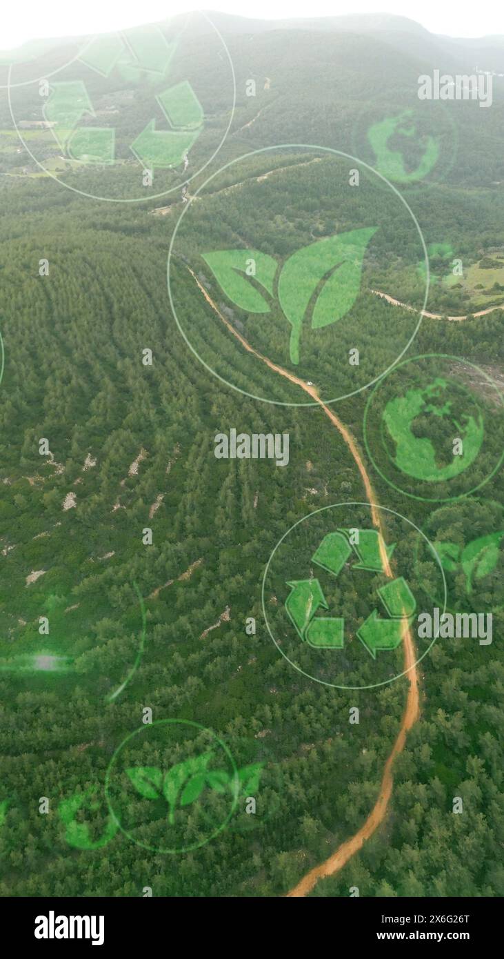 Green forest aerial view and environmental technology concept. Green ...