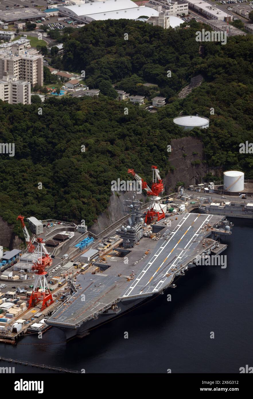 An aerial photo shows the nuclear-powered U.S. aircraft carrier Ronald ...