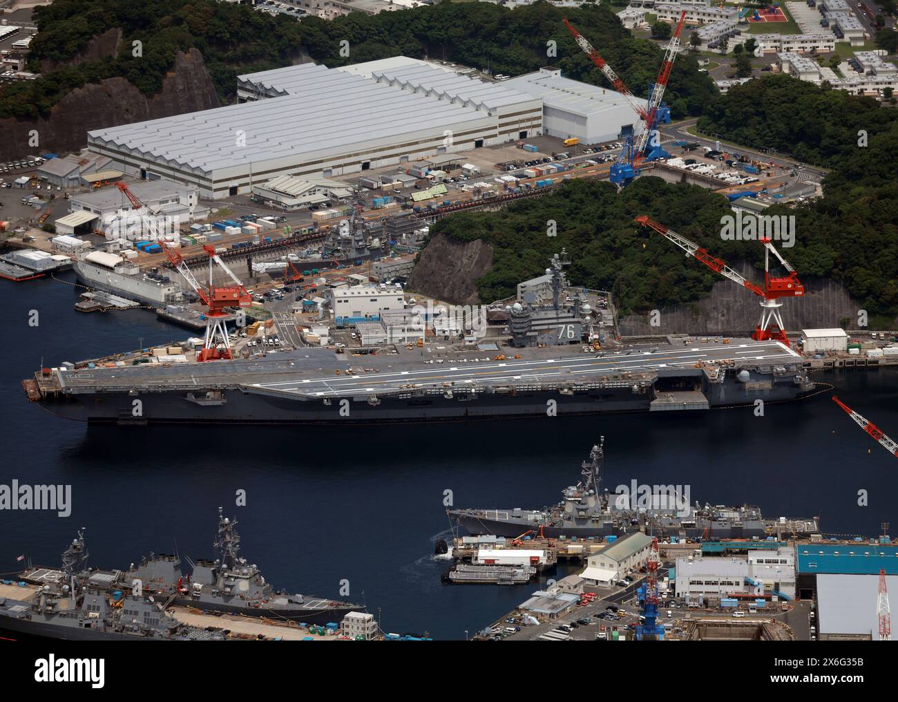 An aerial photo shows the nuclear-powered U.S. aircraft carrier Ronald ...
