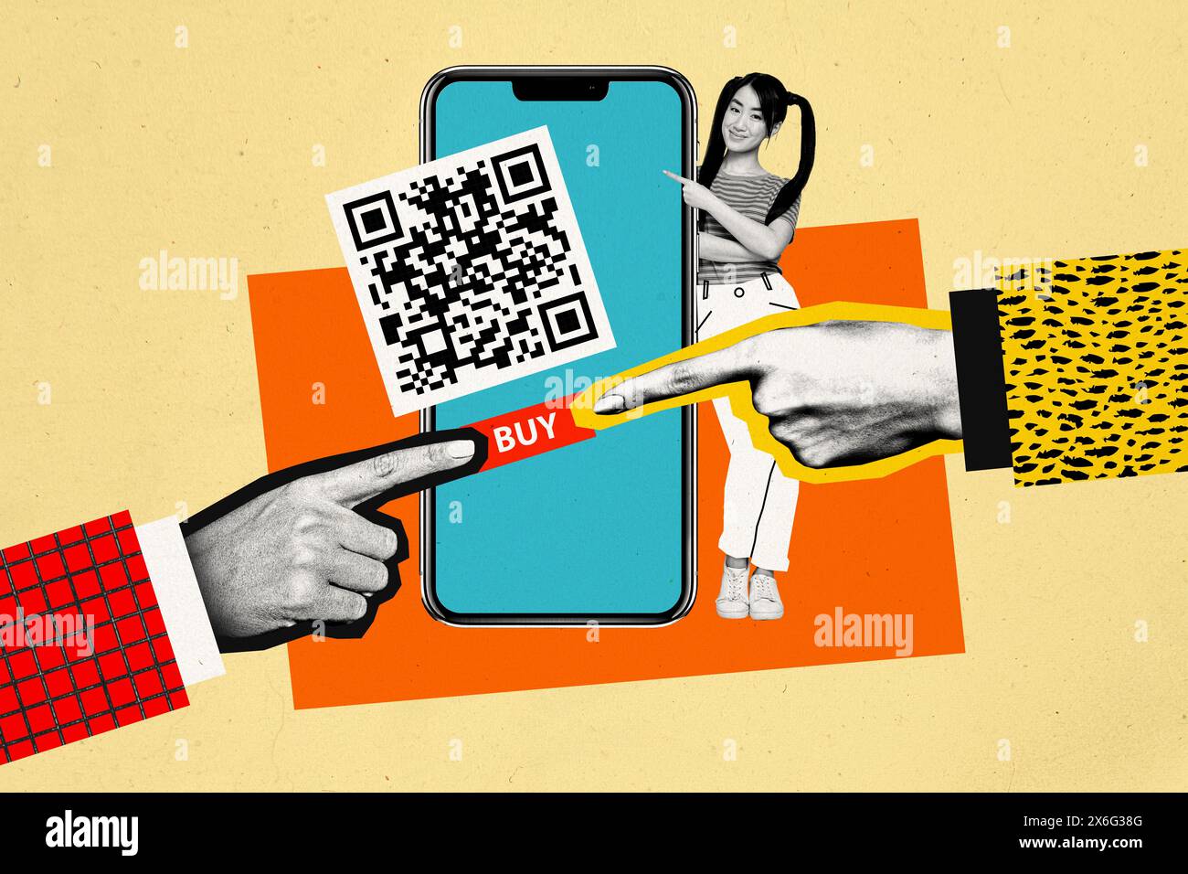 Composite photo collage of asian girl stand iphone online consumerism ...