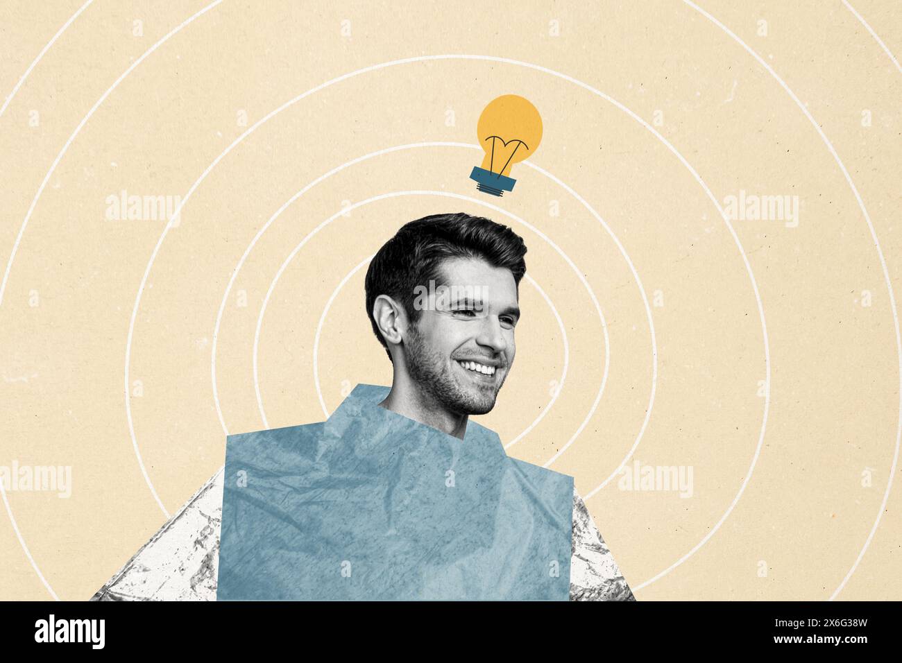 Composite photo collage of smile businessman find idea light bulb ...