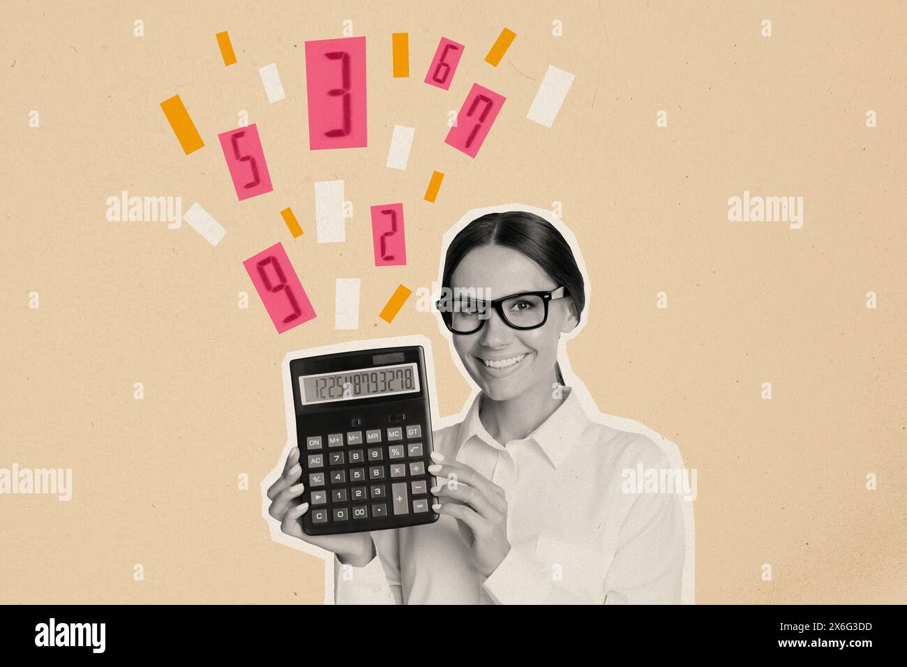Composite collage image of female entrepreneur hold calculator numbers ...