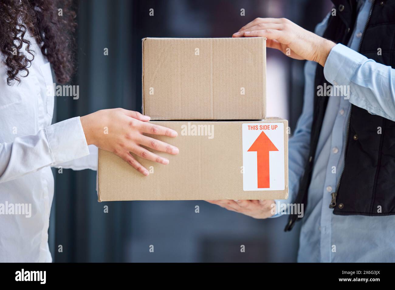 Boxes, hands or woman with package, delivery man or cargo with freight ...
