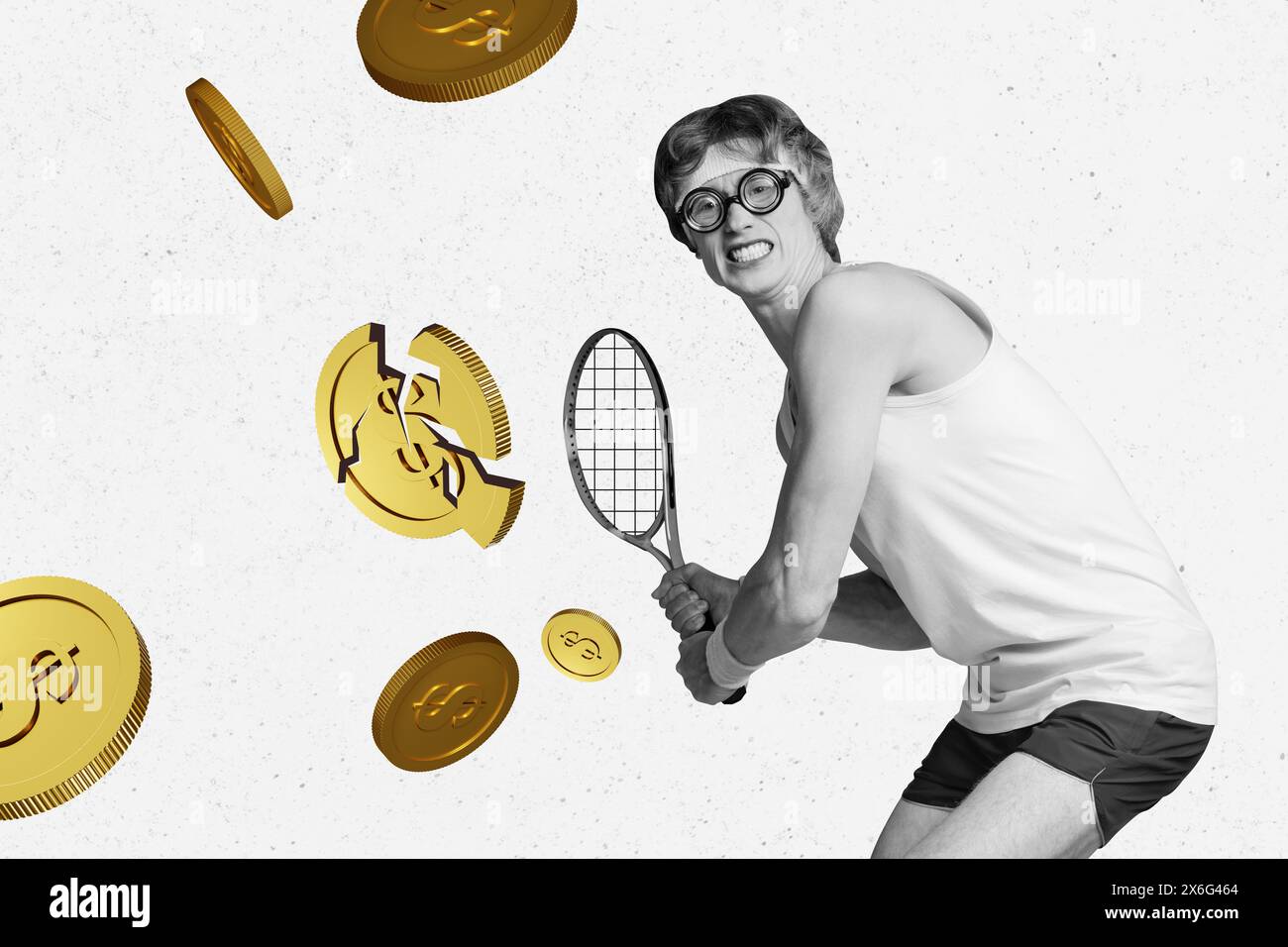 Creative collage picture young man nerd player tennis racket hit golden ...