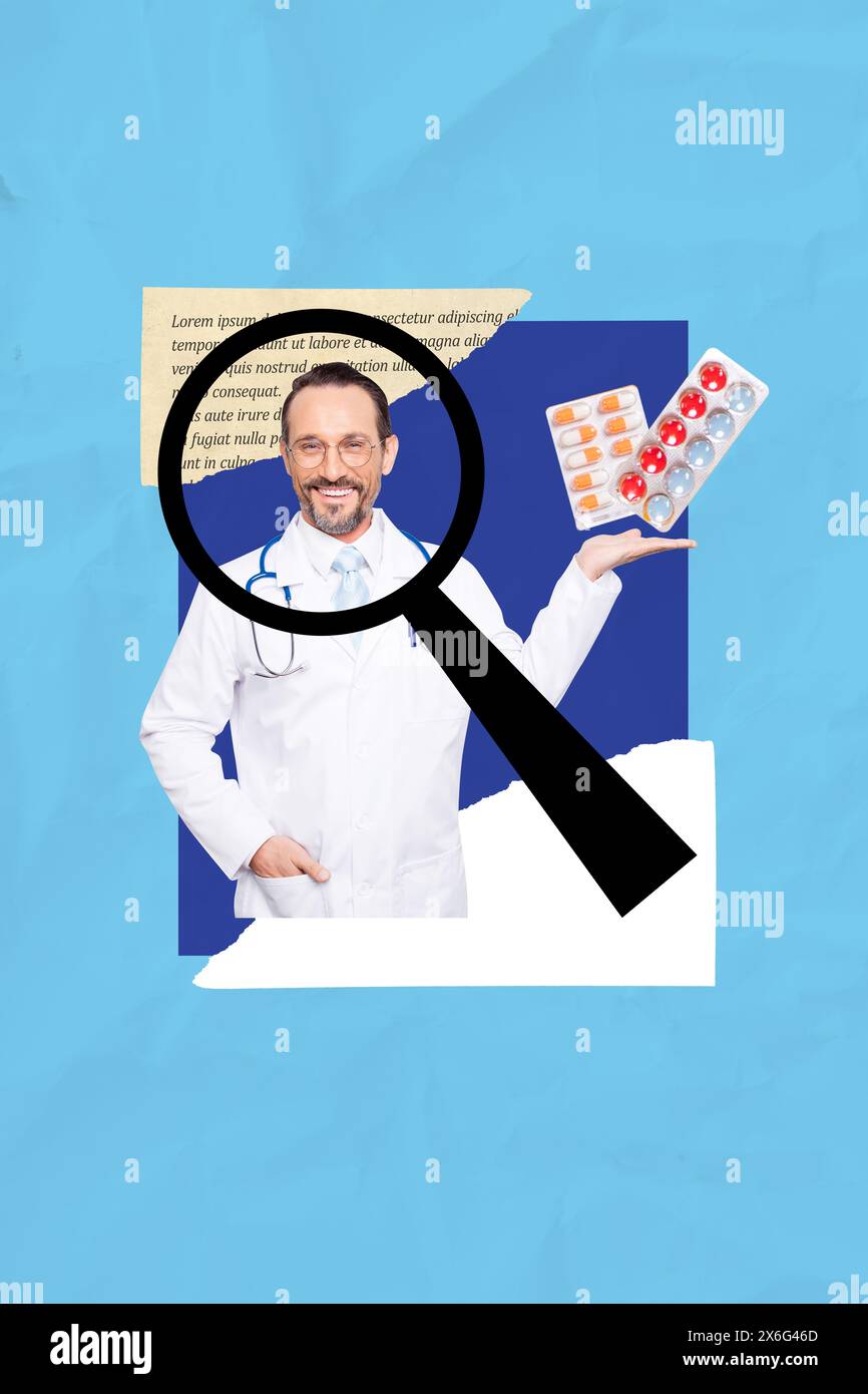 Vertical collage image smiling doctor magnifying loop glass literature ...