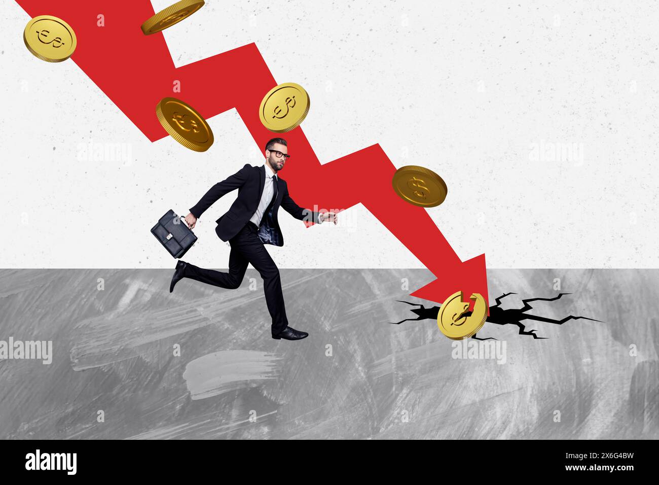 Composite photo collage of serious man run briefcase arrow fall hole ...