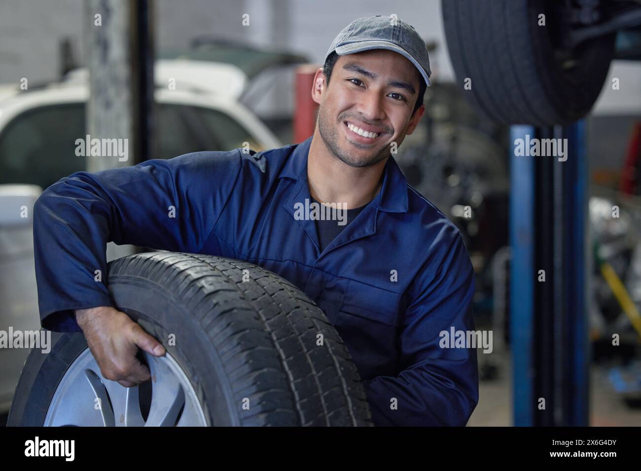 Man, mechanic and car maintenance with tire change for fixing wheel in ...