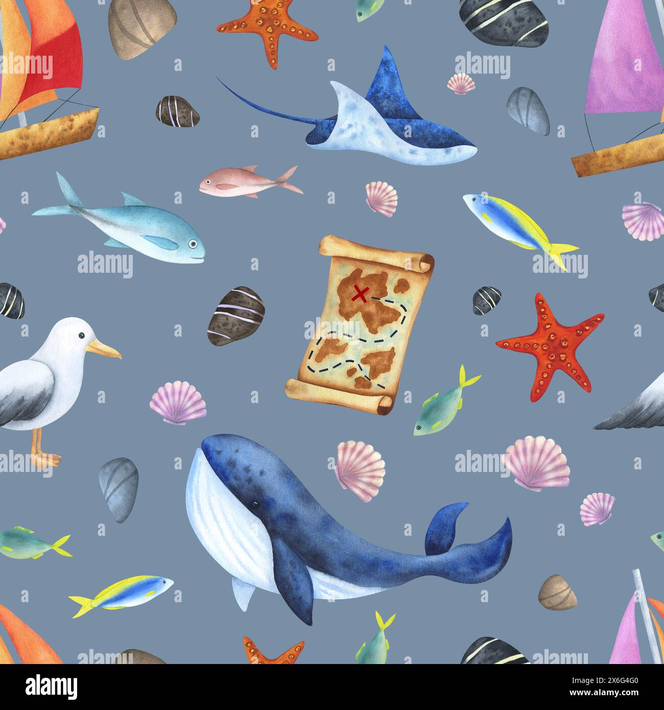 Sea animals and map, ship, shells, stones on a gray background ...