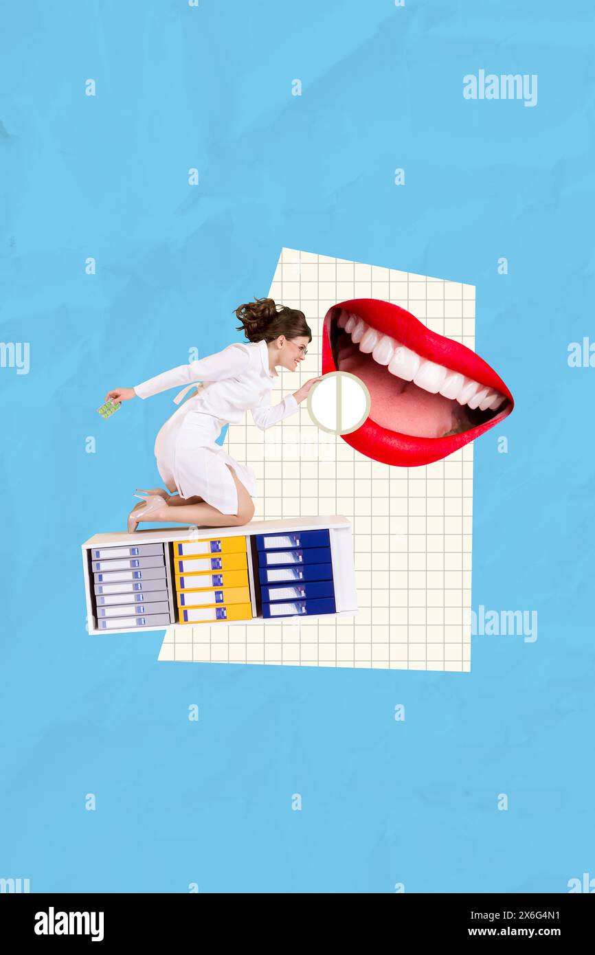 Creative vertical collage picture young woman nurse give pill dose ...