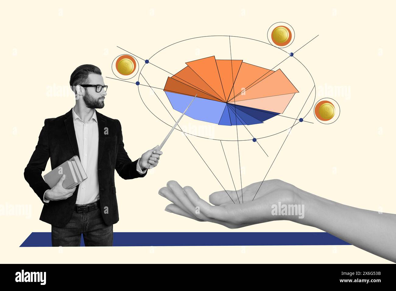 Composite sketch image trend artwork collage of young man business worker hold hand pointer show ...