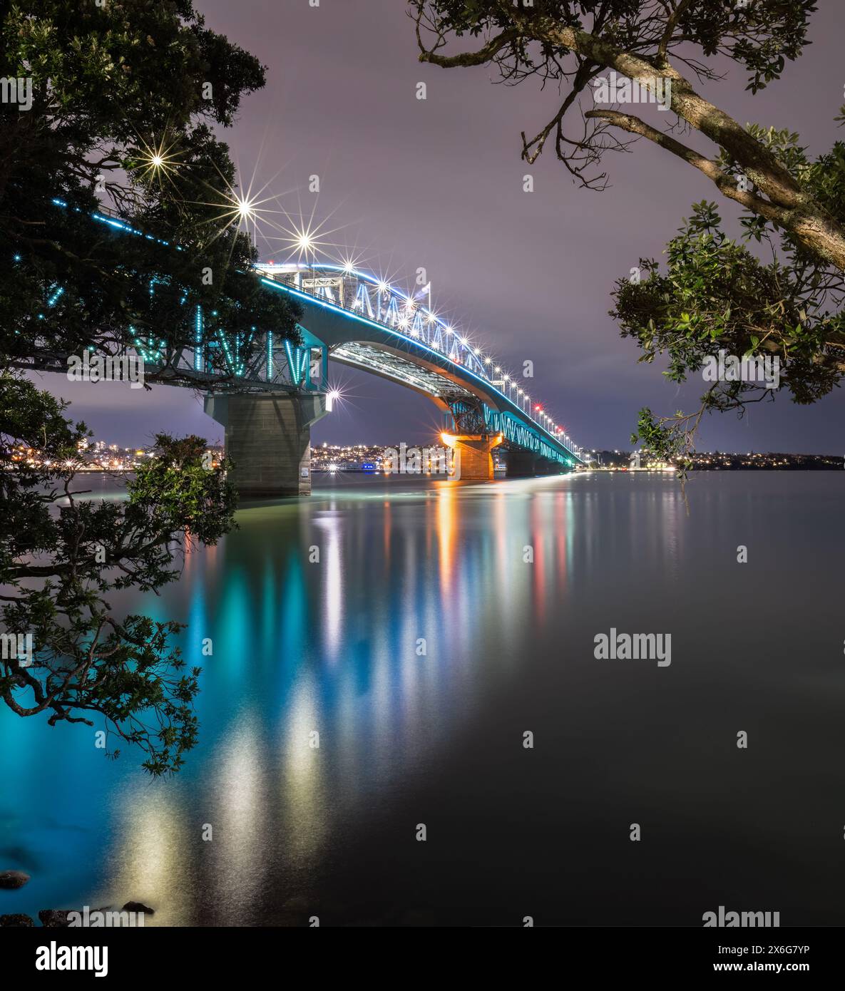 Auckland Harbour Bridge lit up in green and blue lights Stock Photo - Alamy