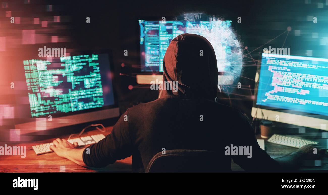 Rear View Computer And Hacker With Code Programming And Internet With Hologram Cyber Security