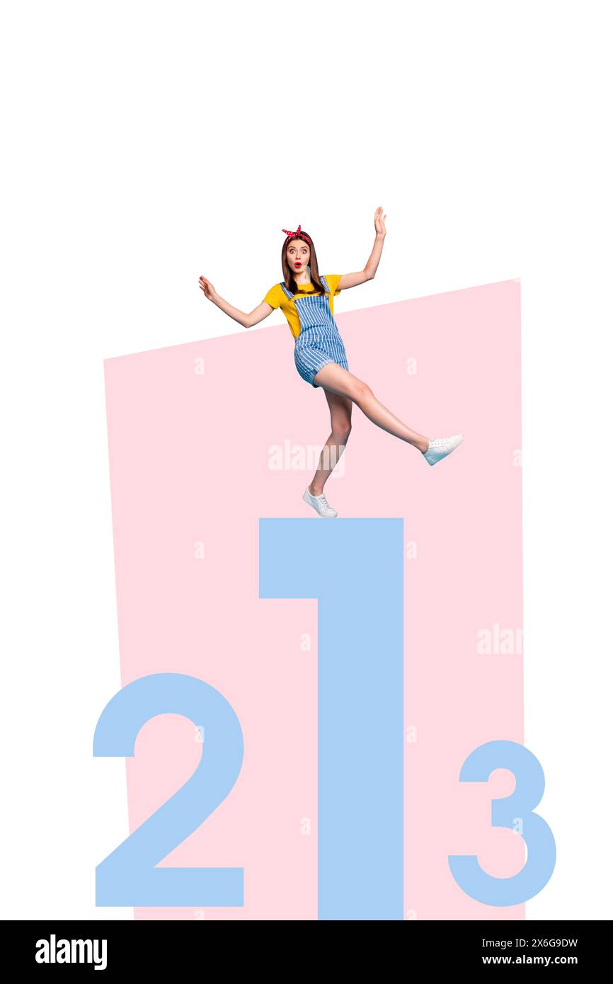 Vertical photo collage of astonished girl dance first place pedestal ...