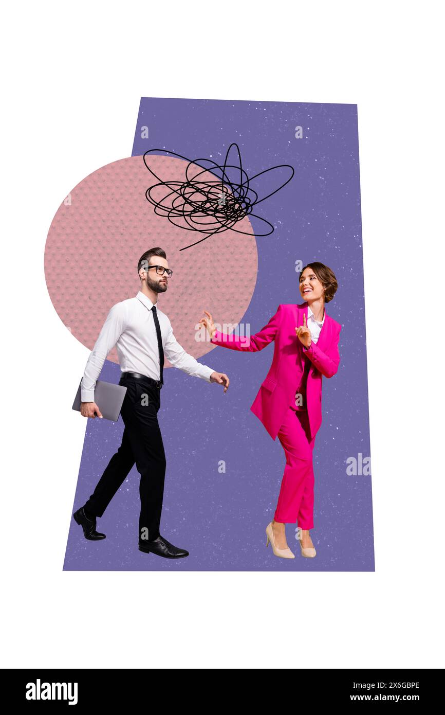 Vertical photo collage of serious guy walk hold macbook girl secretary ...