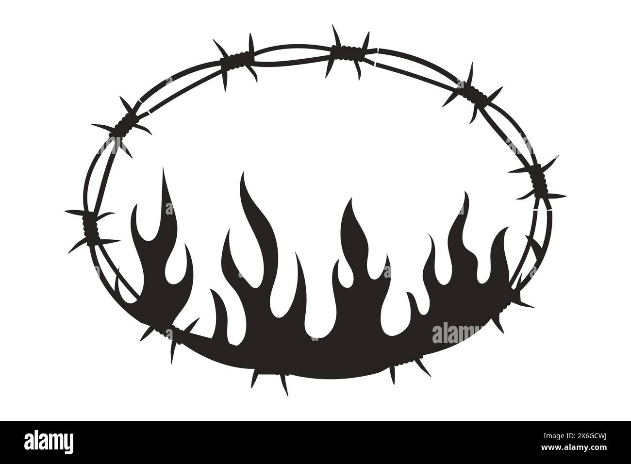 Wire Barb oval frame y2k tattoo border with flame silhouette gothic ...