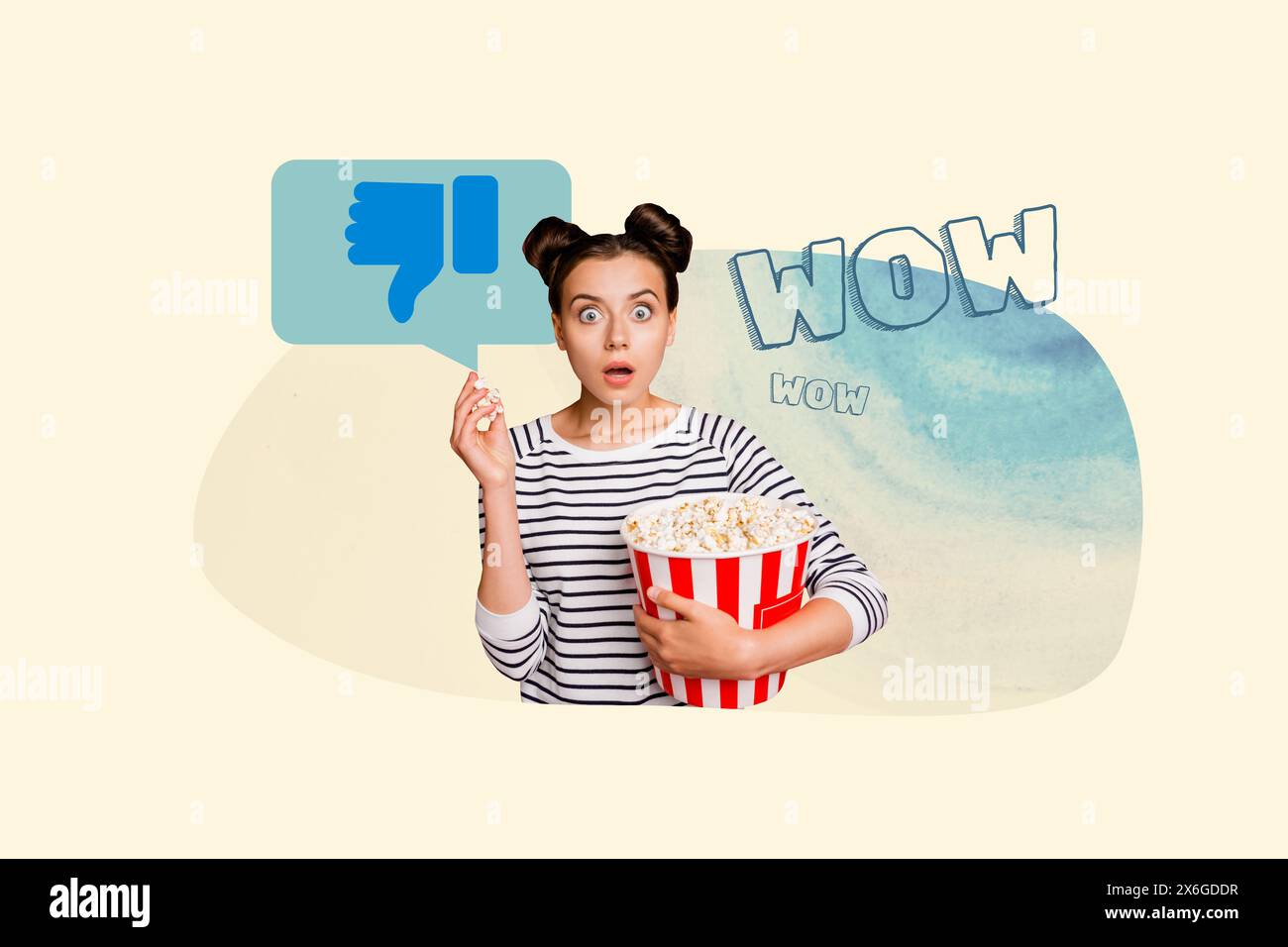 Photo collage picture young shocked excited girl stare popcorn snack ...