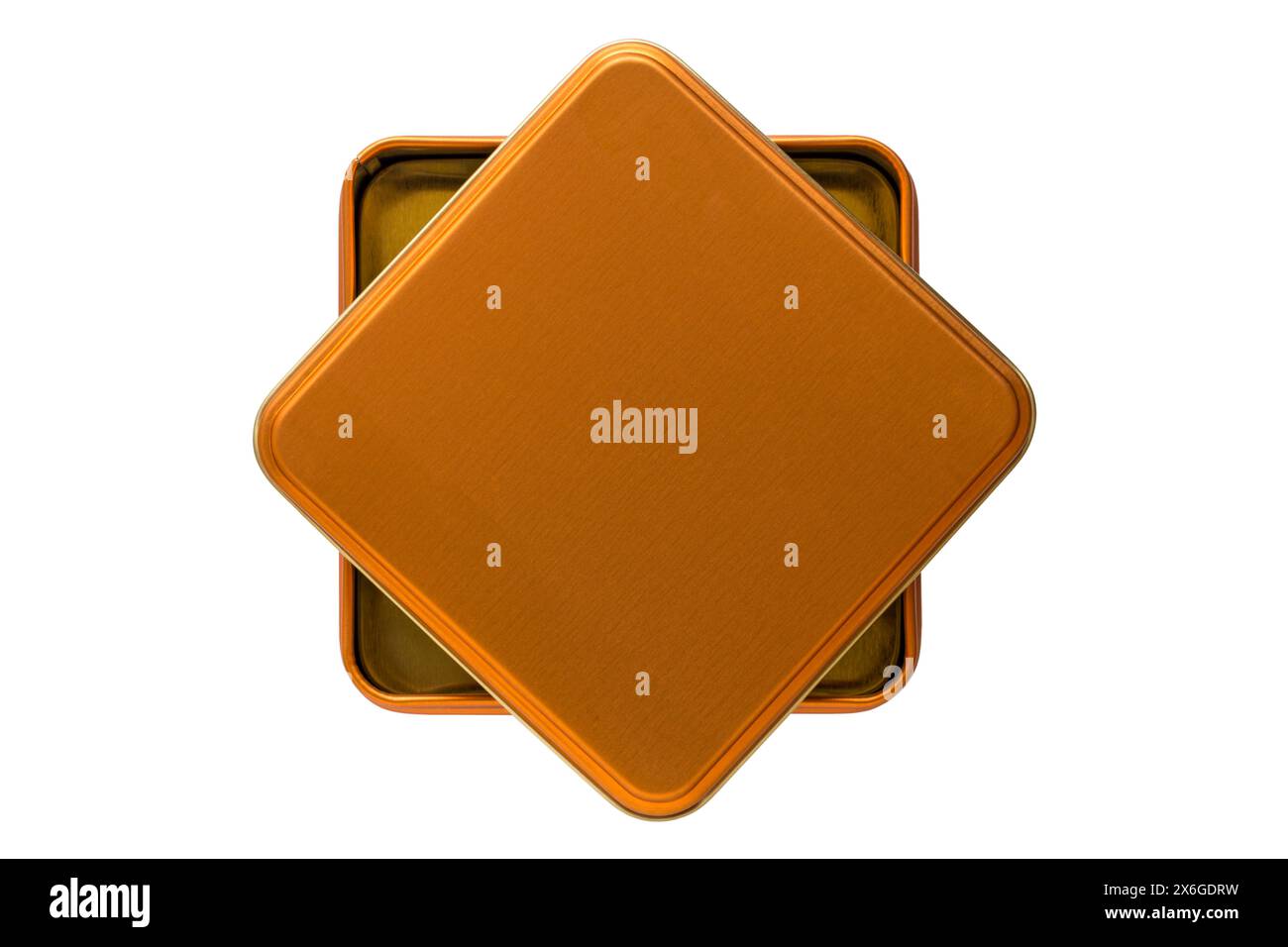 gold coloured square metal tin with lid resting on top of empty tin ...