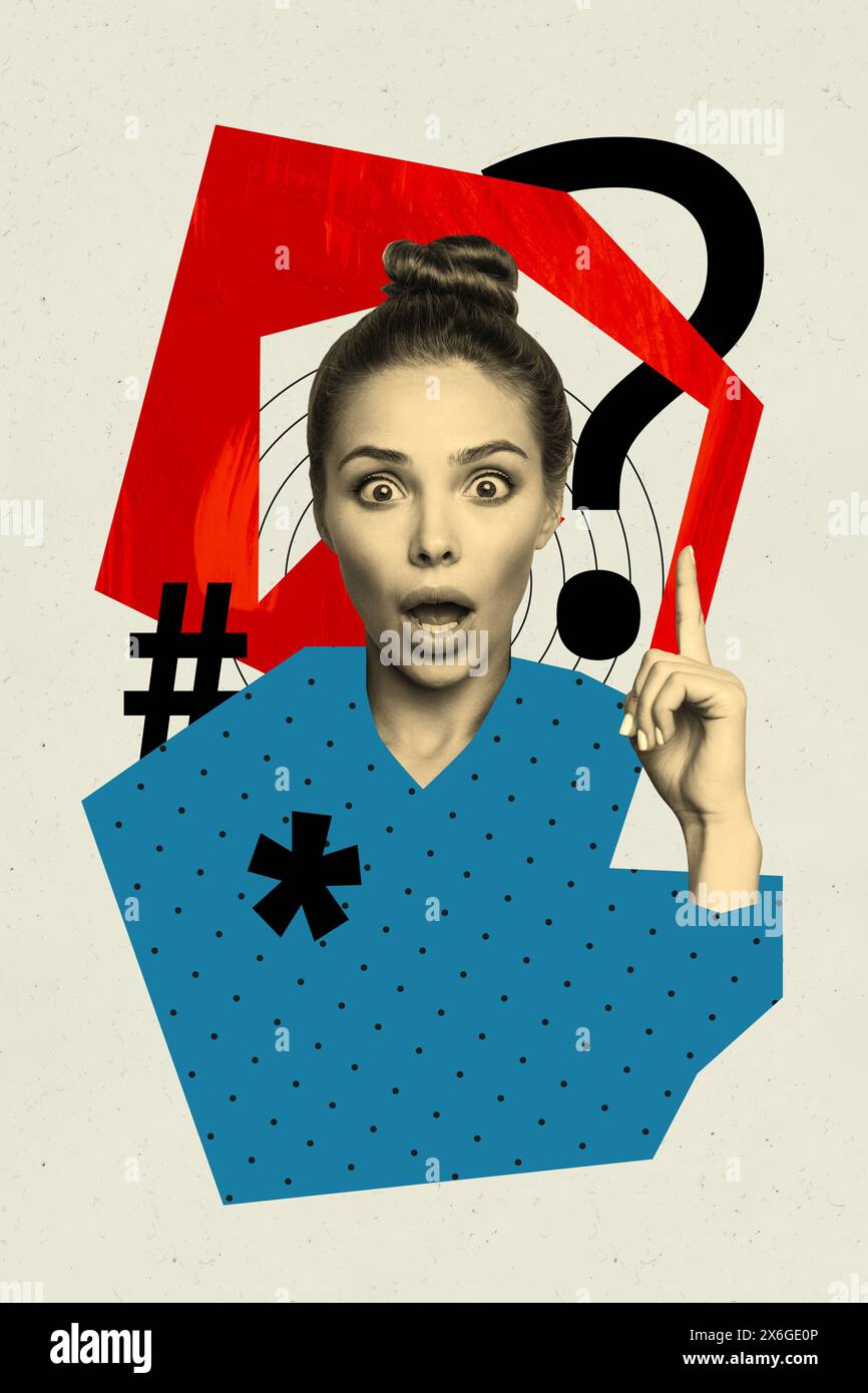 Vertical image collage young shocked excited curious girl have idea ...