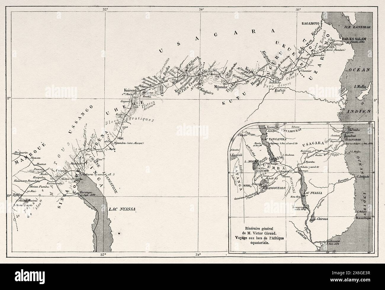 Map with the itinerary of Victor Giraud expedition, Tanzania, East ...