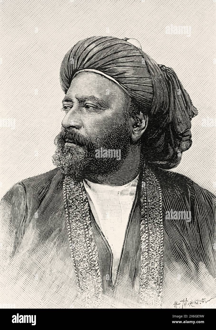 Portrait of Mirza Bozorg, Iran. Middle East. Drawing by Henri Thiriat ...