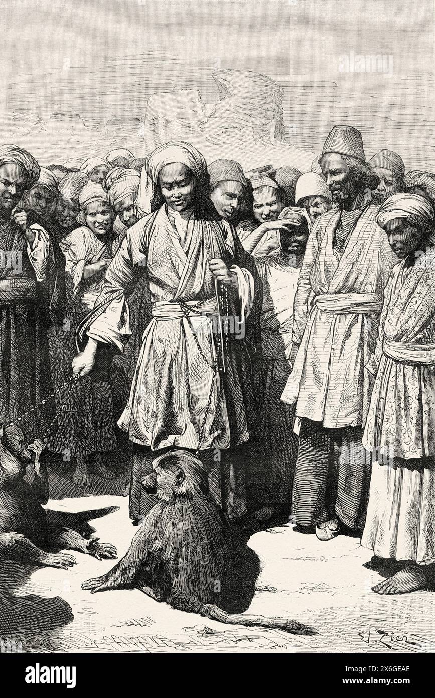 Monkey trainers at Veys, Khuzestan Province, Iran. Middle East. Drawing ...