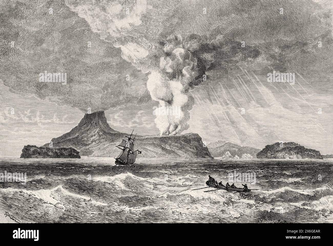 Perboewatan volcano eruption in 1883, Krakatoa island. Indonesia ...