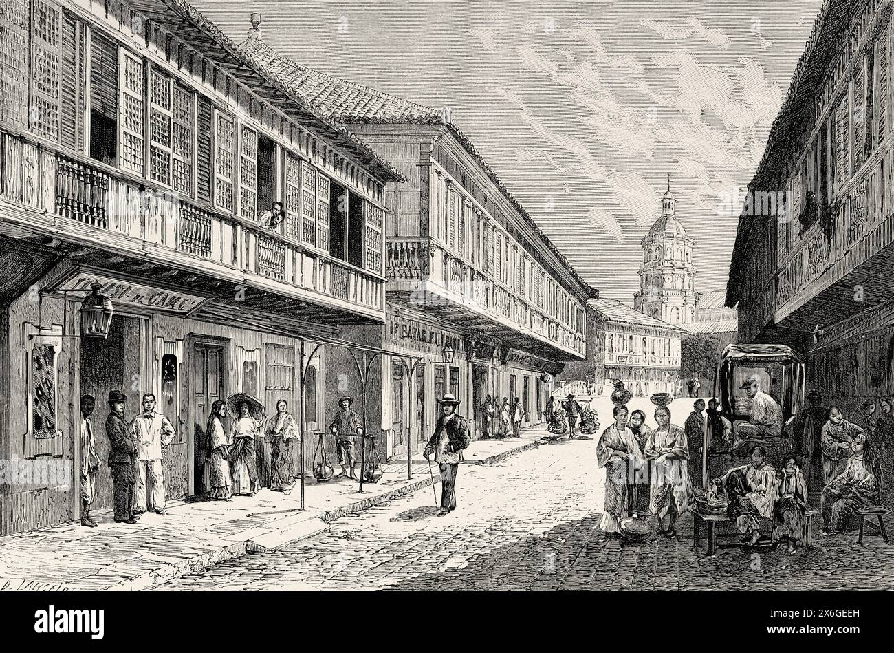 Spanish colonial style houses on Escolta Street in Manila, Philippines, South Asia. Drawing by ...