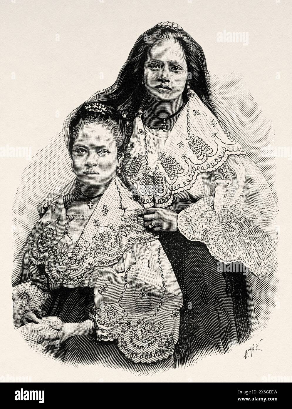 Native mestizo Indian women of Manila, Philippines, South Asia. Drawing ...