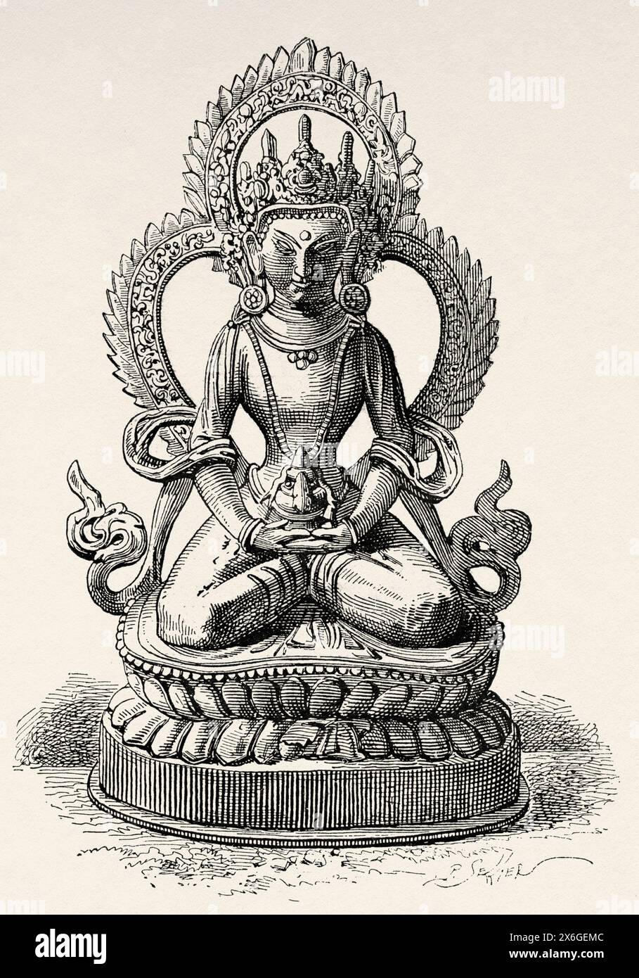 Nepalese deity in bronze. Kathmandu. Nepal. Asia. Drawing by P. Sellier ...