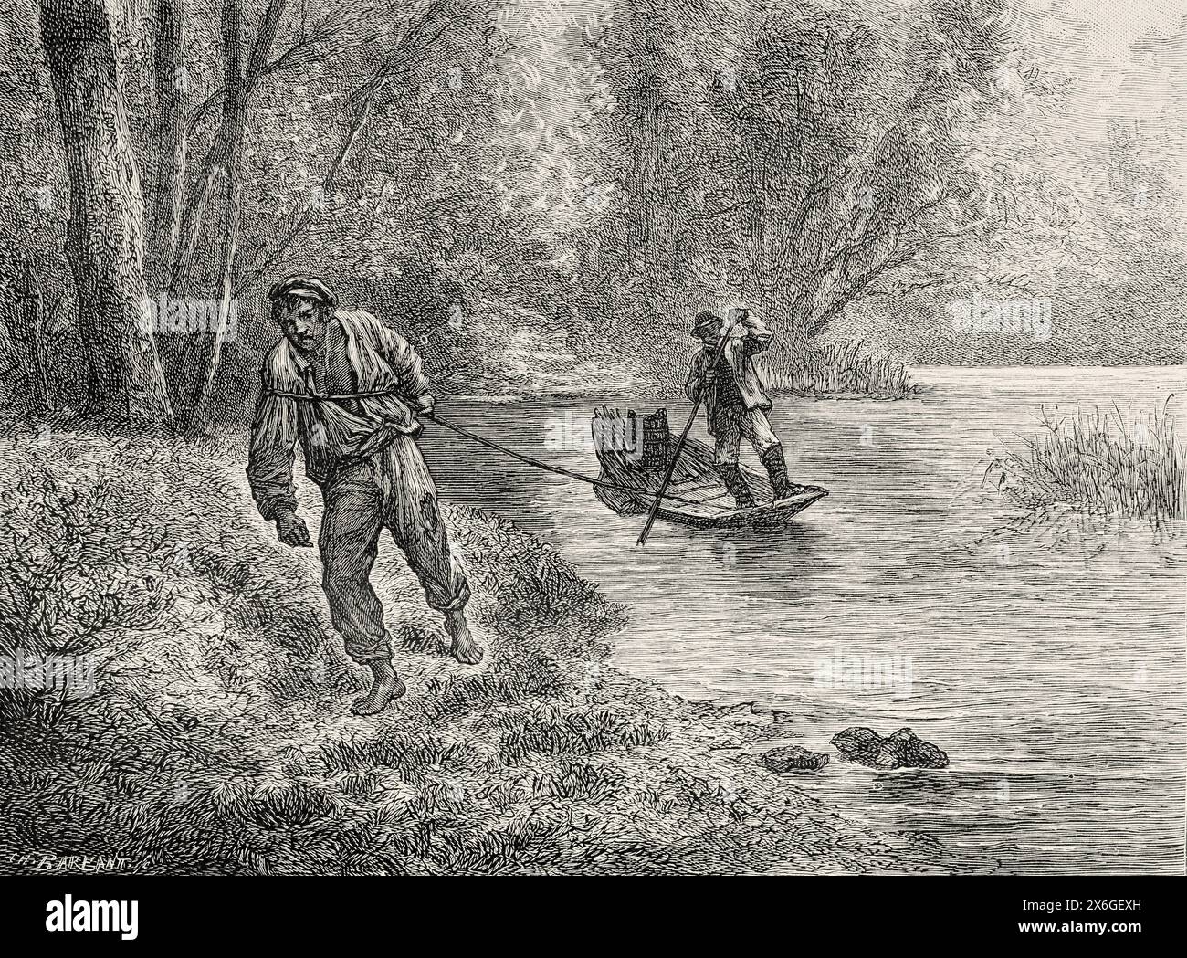 A man tugs boats on the Rhine river, Alsace, France. Drawing by ...