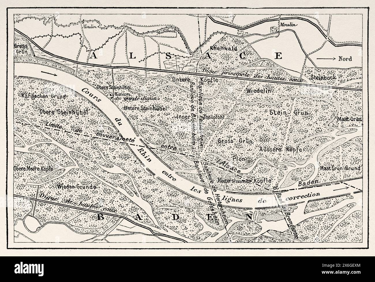 Course of the Rhine river before the correction in 1882, Alsace, France ...