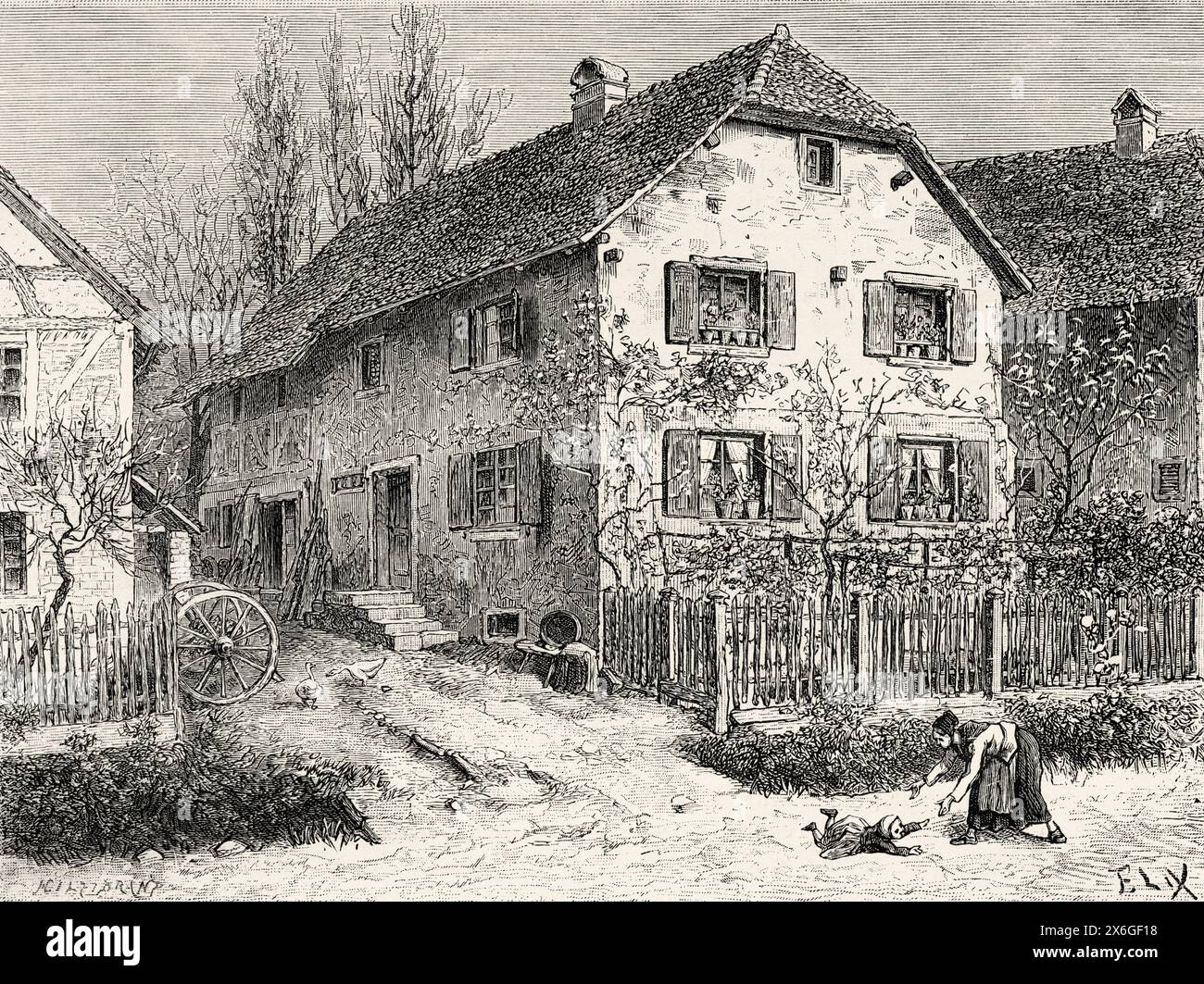 Bernwiller village, Henner's birthplace, Alsace, France. Drawing by ...