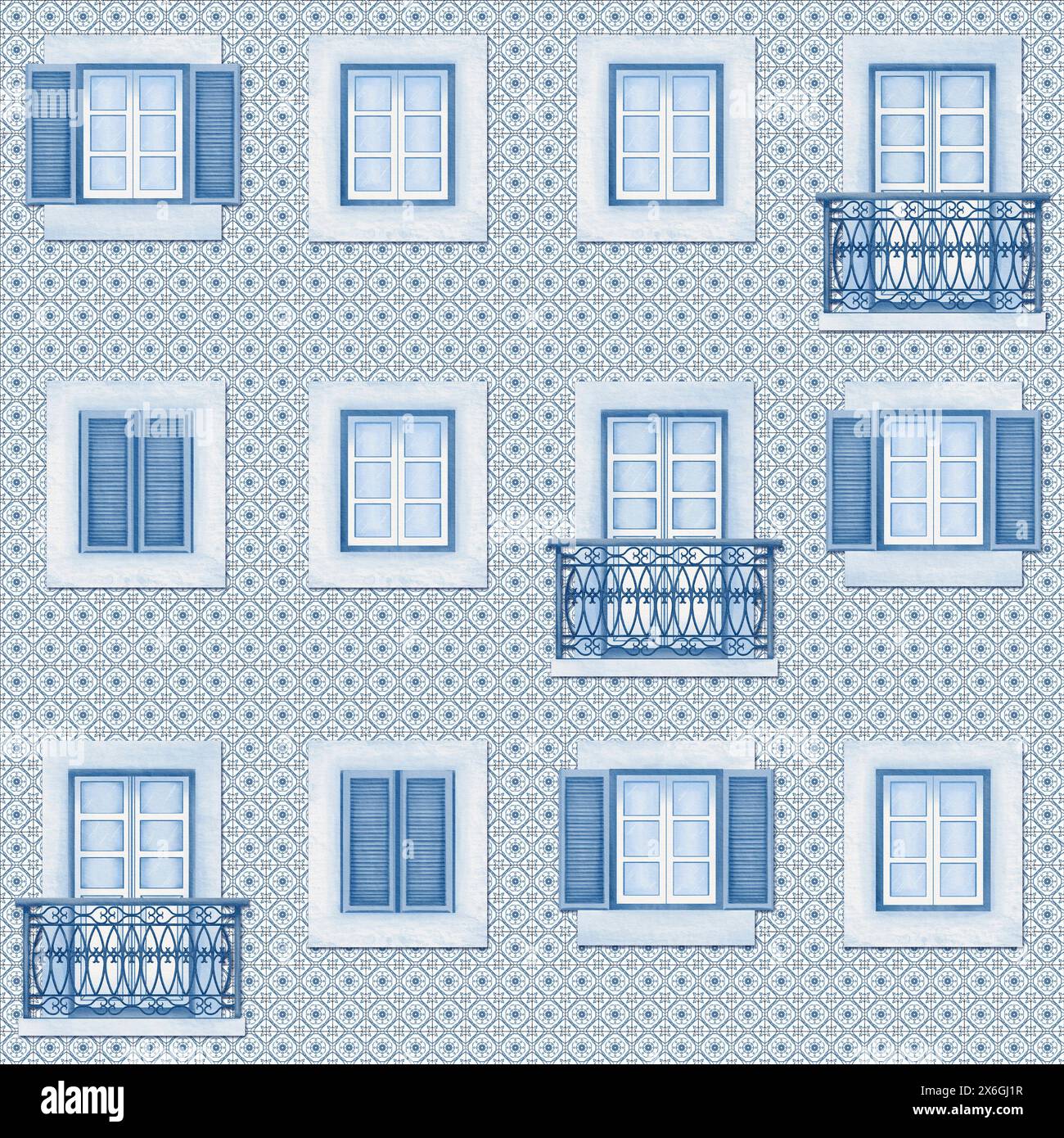 Balconies and windows on the facade with azulejo ceramic tiles in a ...