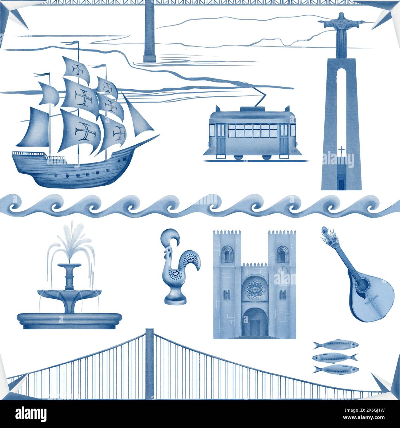 Symbols of portugal stylized monochrome blue and white in seamless ...