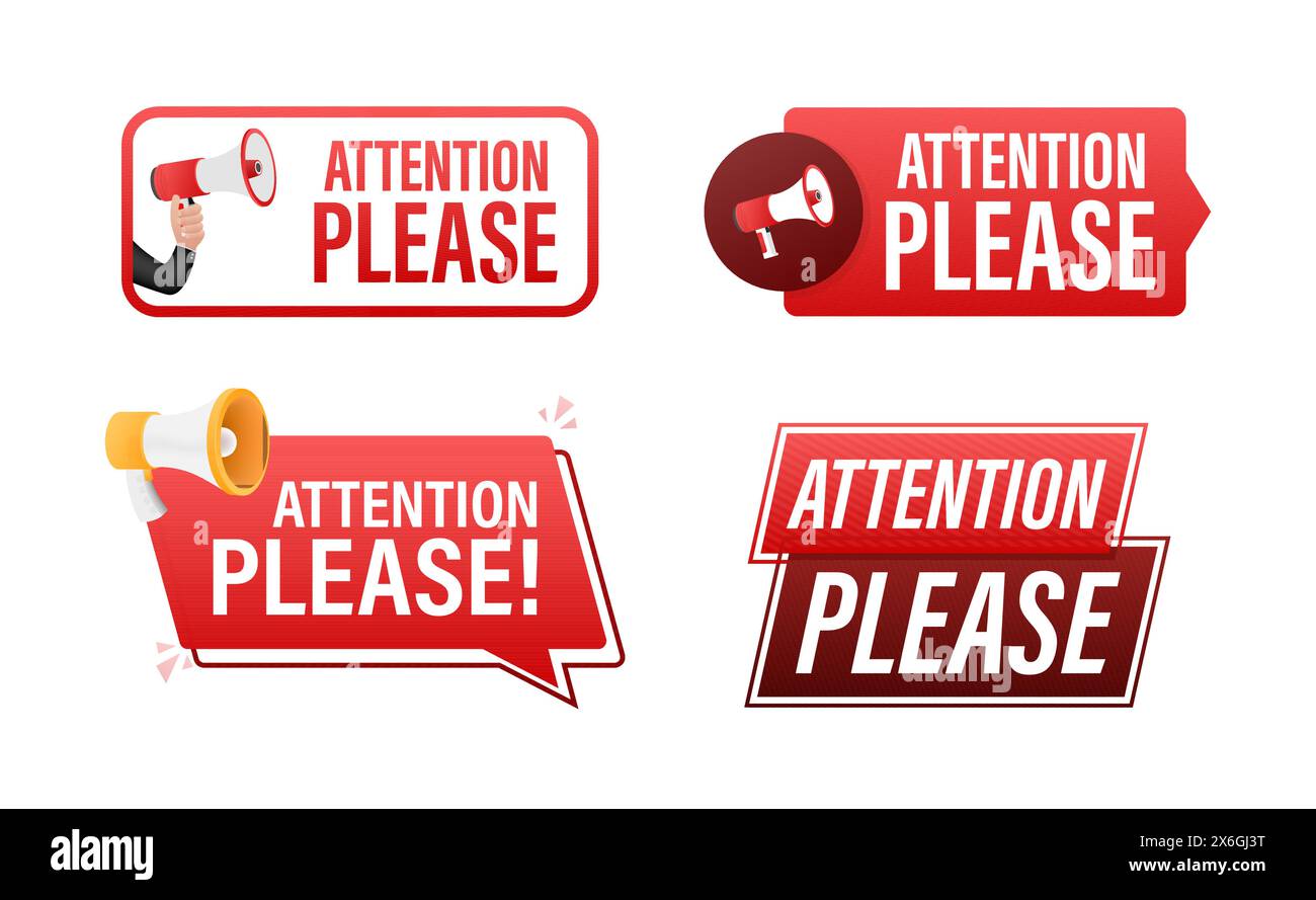 Attention please text with Megaphone label set. Megaphone in hand ...