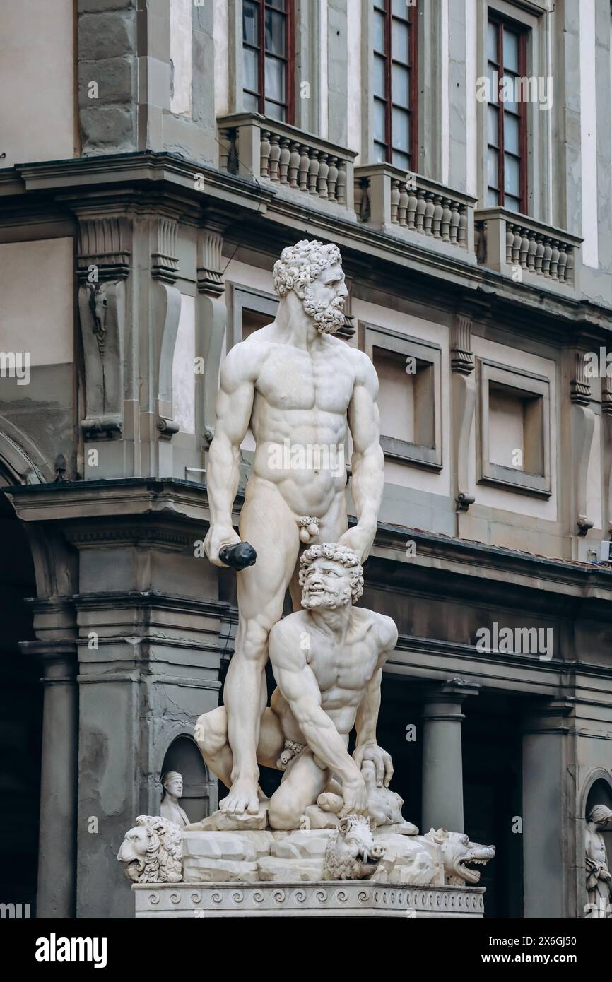 Florence, Italy - 29 December, 2023: Statues in the central square of ...