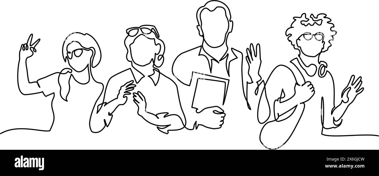 Group of people greeting Hands up. Continuous one line drawing Stock ...