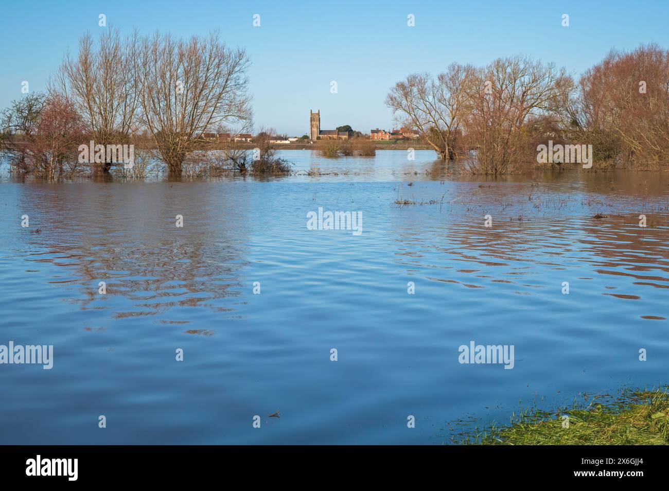 View across the flooded Curry Moor looking towards East Lyng from Hook ...