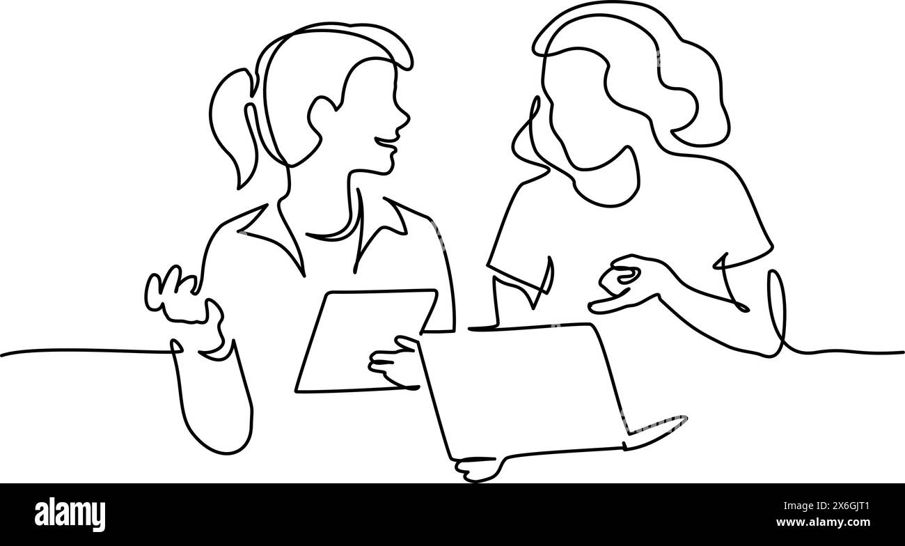 Two girl friends discussing Internet data using laptop. Line drawing ...