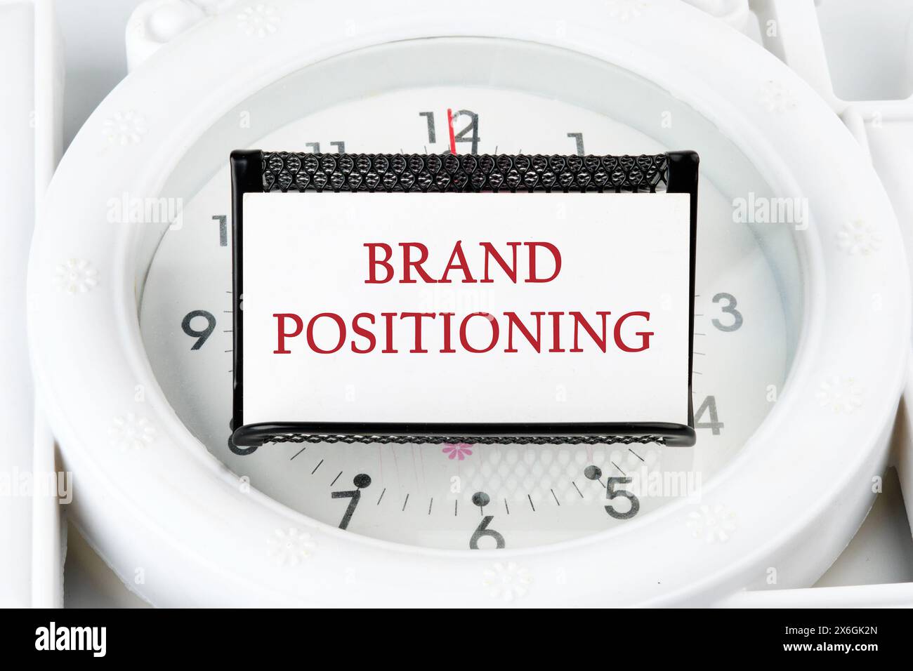 Brand positioning is shown on a business card on a stand on a lying ...